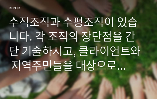 수직조직과 수평조직이 있습니다 각 조직의 장단점을 간단 기술하시고 클라이언트와 지역주민들을 대상으로 하는 레포트