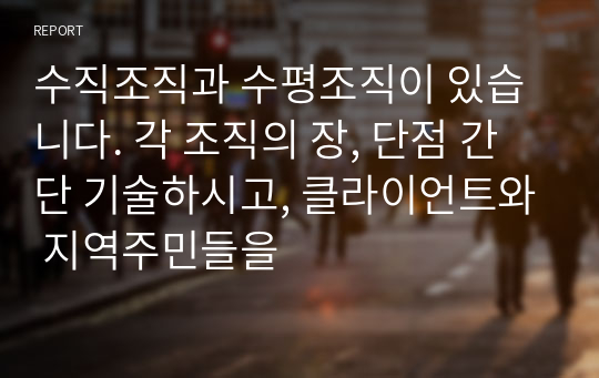 수직조직과 수평조직이 있습니다 각 조직의 장 단점 간단 기술하시고 클라이언트와 지역주민들을 레포트